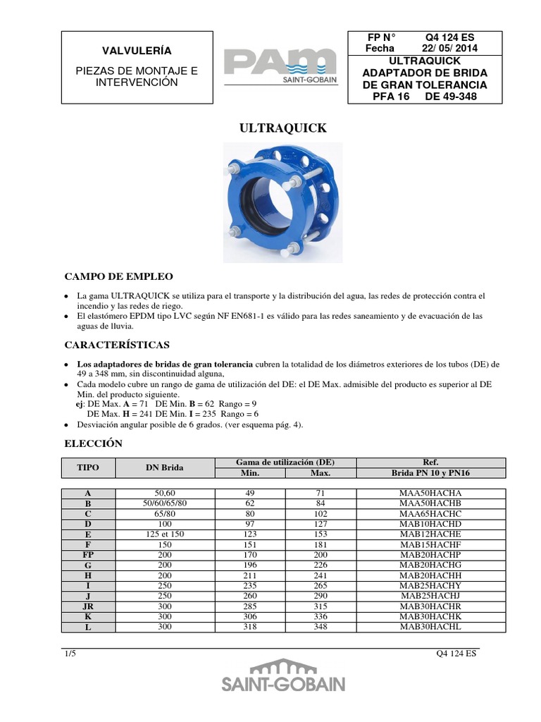Adaptador de Brida Ultraquick PFA 16 | PDF | Plomería | Materiales