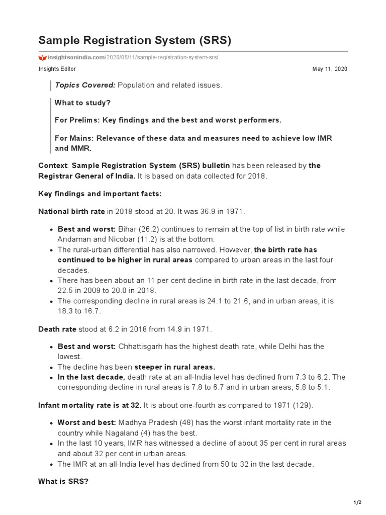 Sample Registration System SRS | PDF | Infant Mortality | Mortality Rate