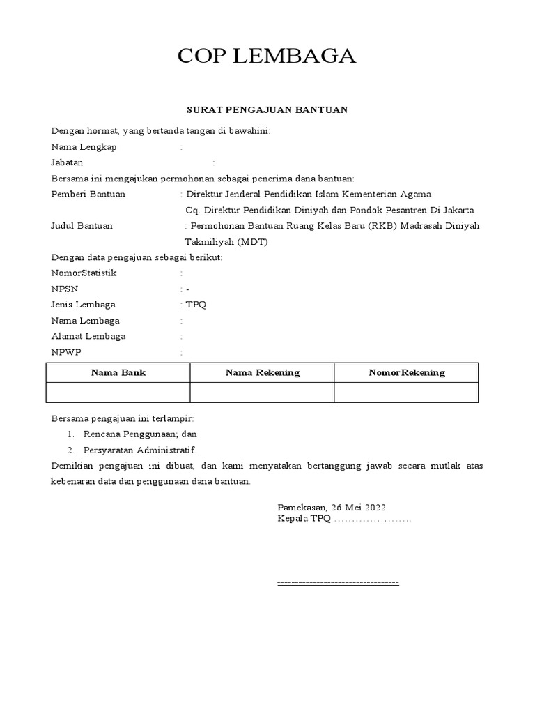 Format Permohonan Bop TPQ DM | PDF