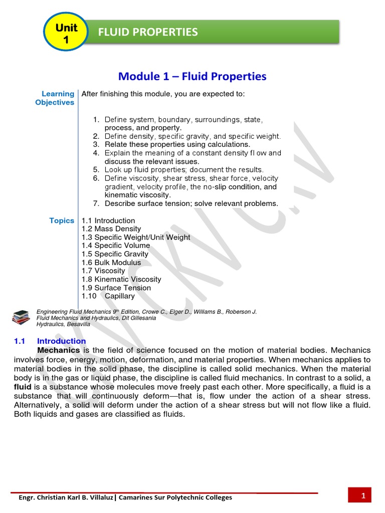 Module-1-FLUID PROPERTIES | PDF | Viscosity | Fluid Mechanics
