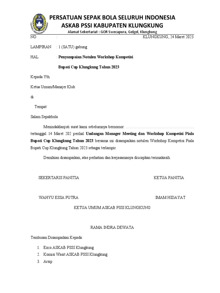 Notulen Workshop Piala Bupati Cup 2023 | PDF | Olahraga & Rekreasi