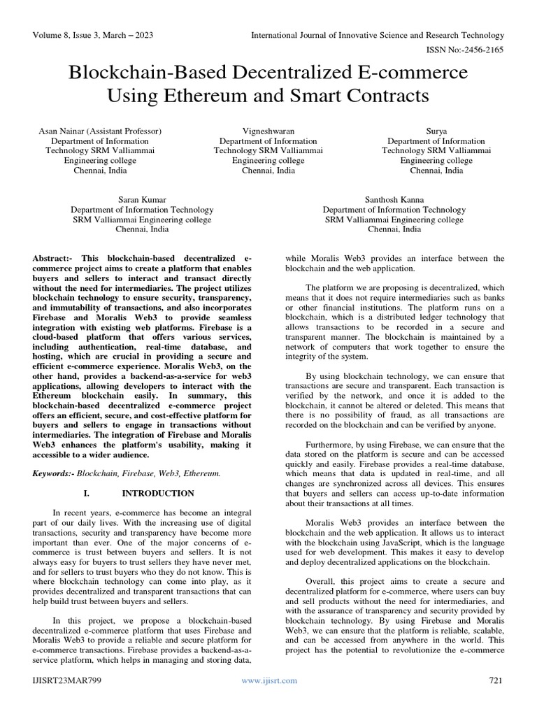 Blockchain Based Decentralized E Commerce Using Ethereum And Smart Contracts Pdf