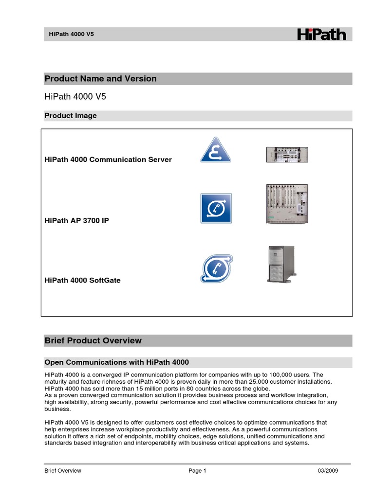 Silo - Tips - Product Name and Version Hipath 4000 v5 Brief Product Overview Product Image ...