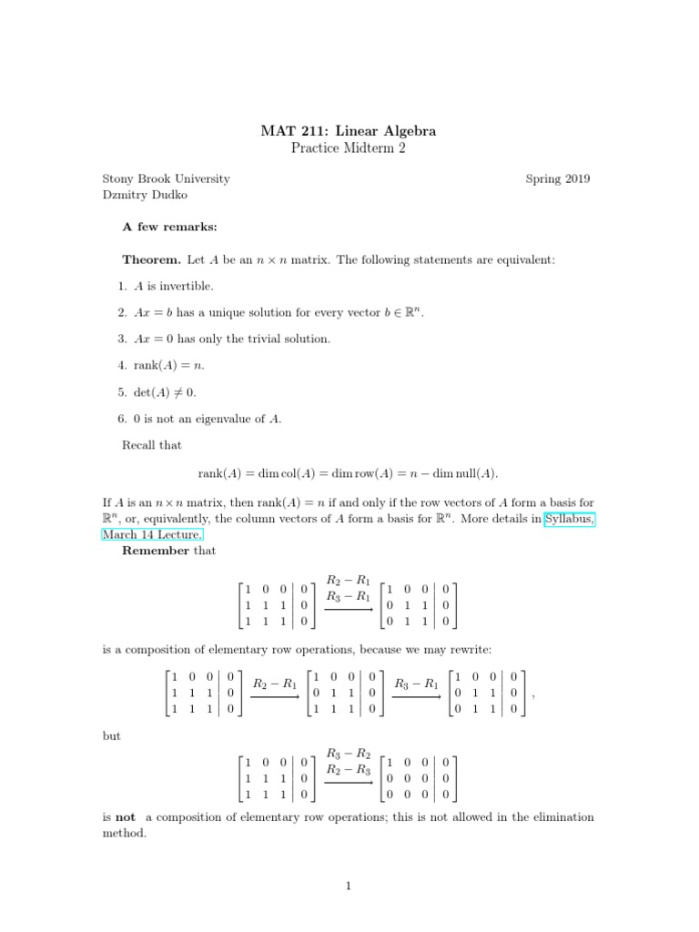 Midterm2Practice Solution | PDF | Matrix (Mathematics) | Basis (Linear ...