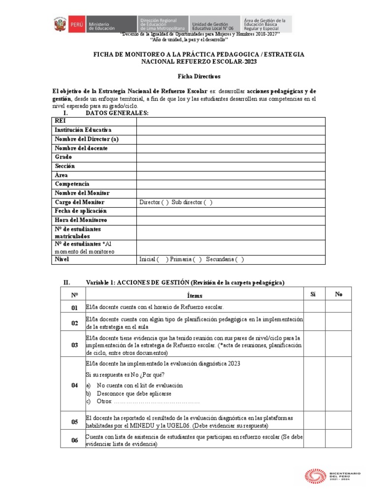 Directivos FICHA DE MONITOREO - REFUERZO ESCOLAR | PDF