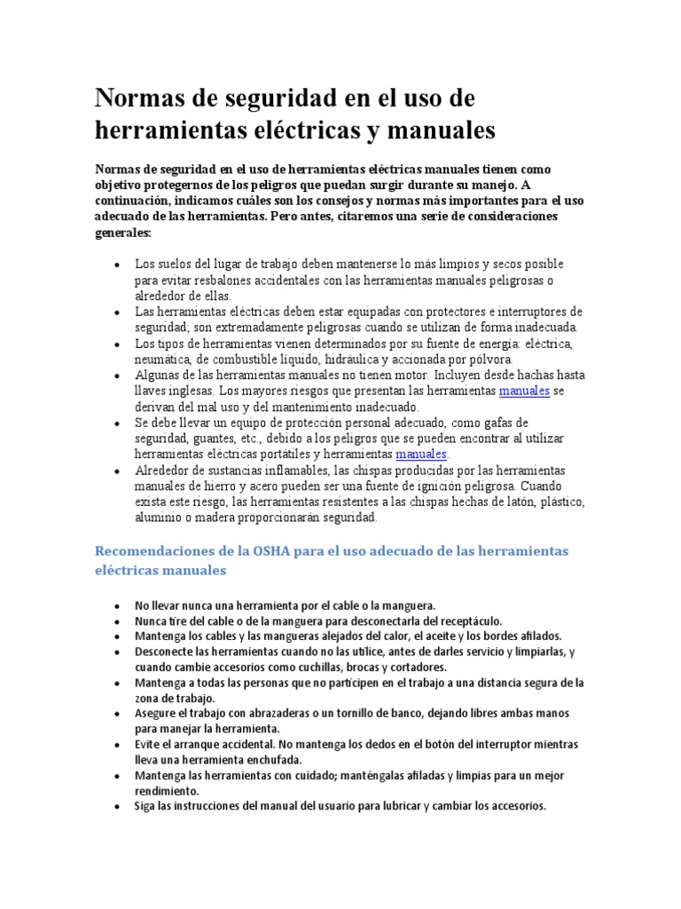 Normas de Seguridad en El Uso de Herramientas Eléctricas y Manuales | PDF | Herramientas | Martillo