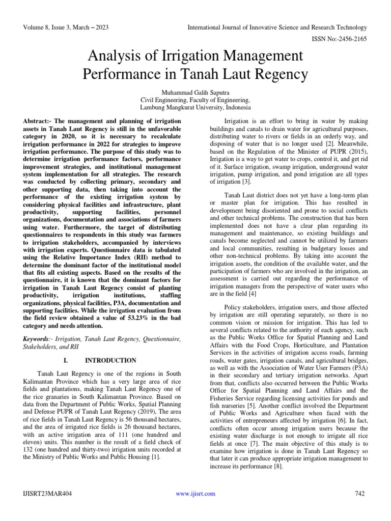 Analysis of Irrigation Management Performance in Tanah Laut Regency ...