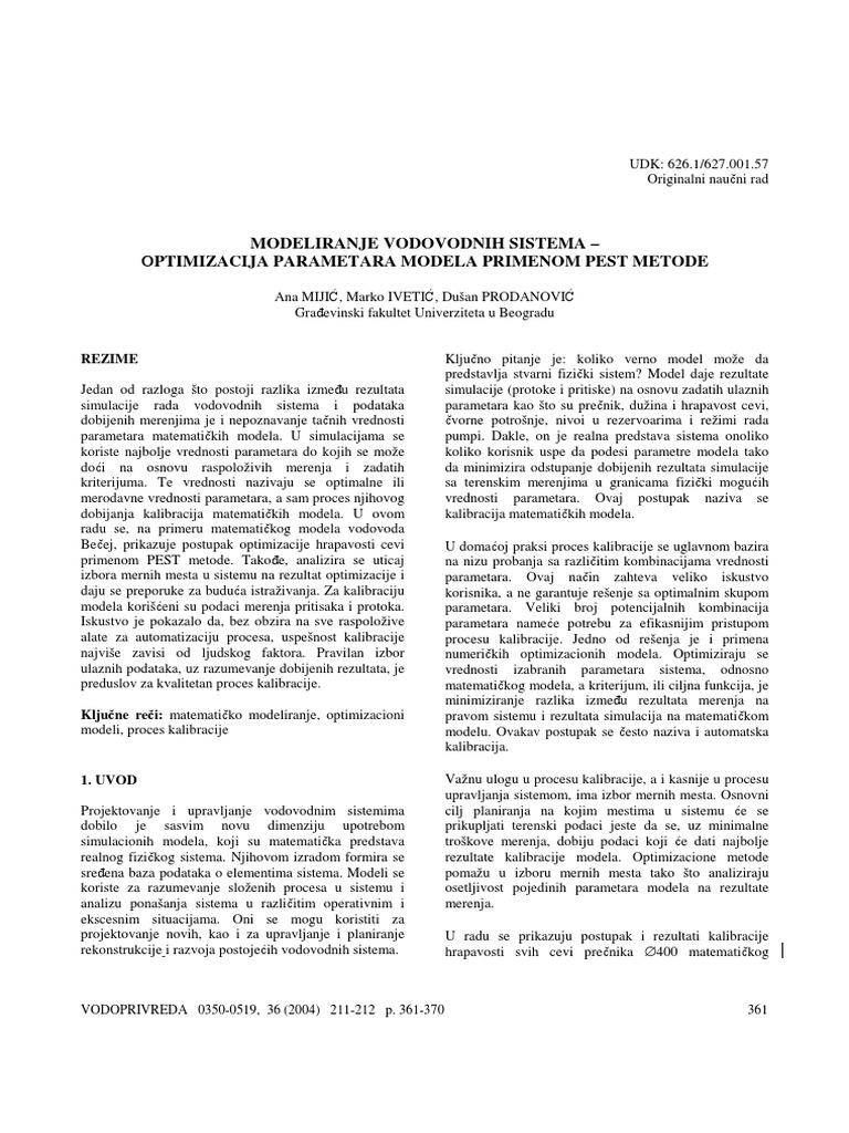 Modeliranje Vodovodnih Sistema Optimizac | PDF