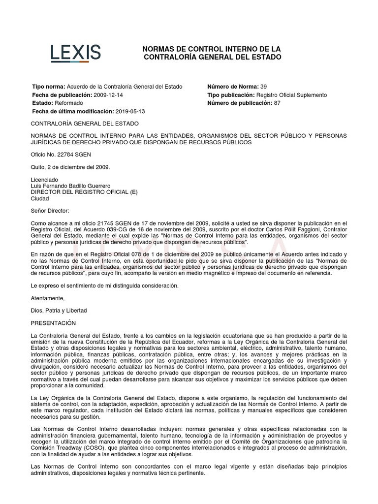 Normas de Control Interno de La Contraloria General Del Estado | PDF ...