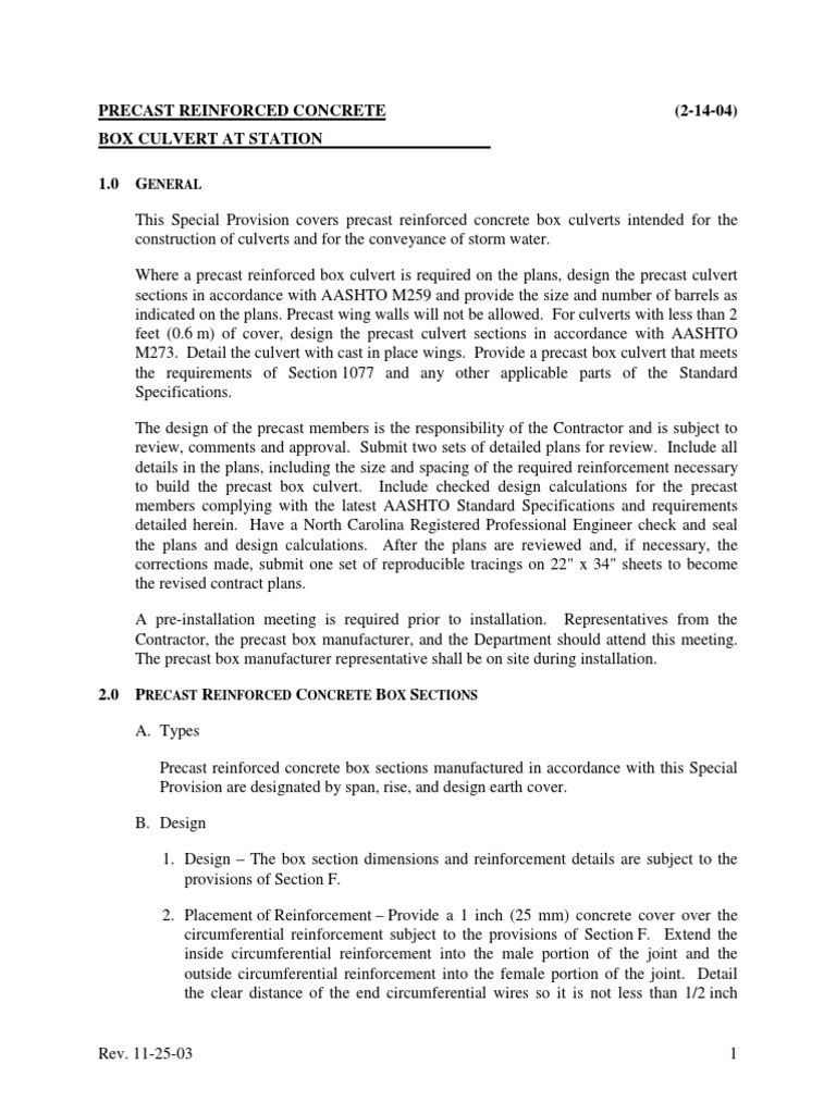 Precast Reinforced Concrete Box Culvert Specifications | PDF | Precast ...