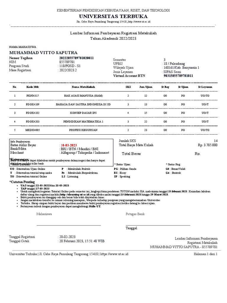 UT - Sistem Informasi Akademik - Pembayaran Semester | PDF