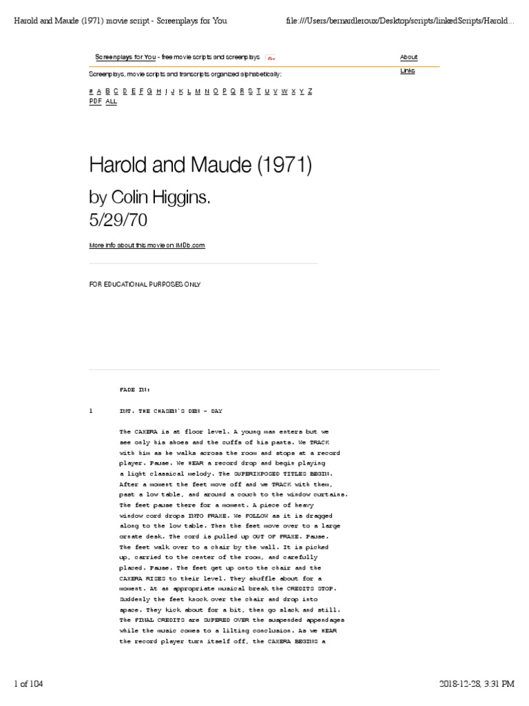 Harold and Maude (1971) Movie Script - Screenplays For You | PDF