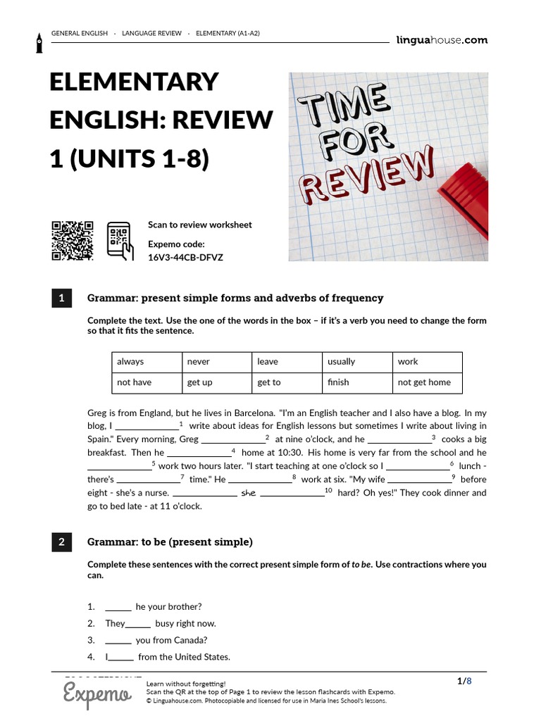 Elementary English Review 1 Units 1 8 British English Teacher BW | PDF ...