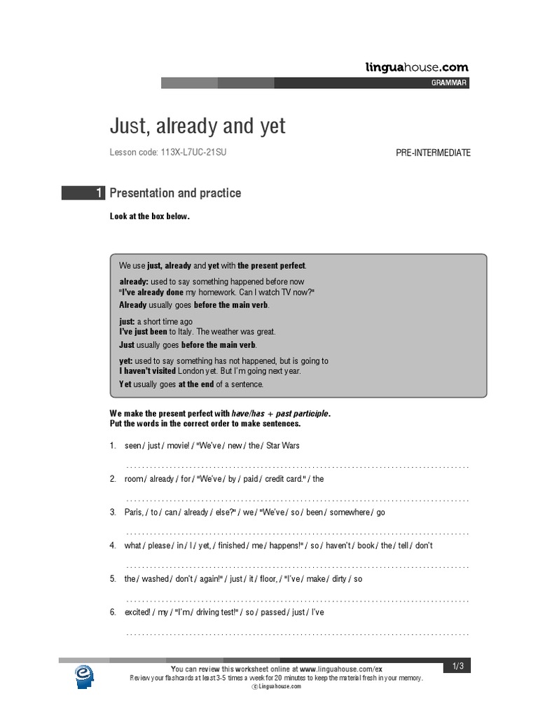 Present Perfect: Just, Already, Yet | PDF