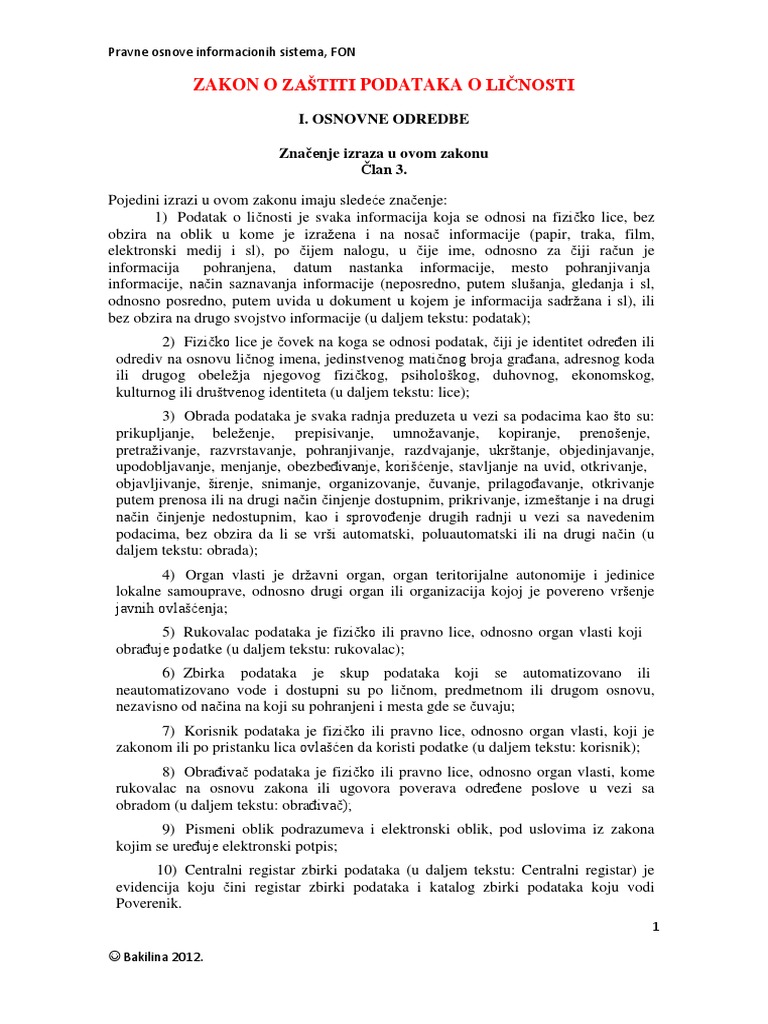 Zakon o Zastiti Podataka o Licnosti Za I Kolokvijum | PDF