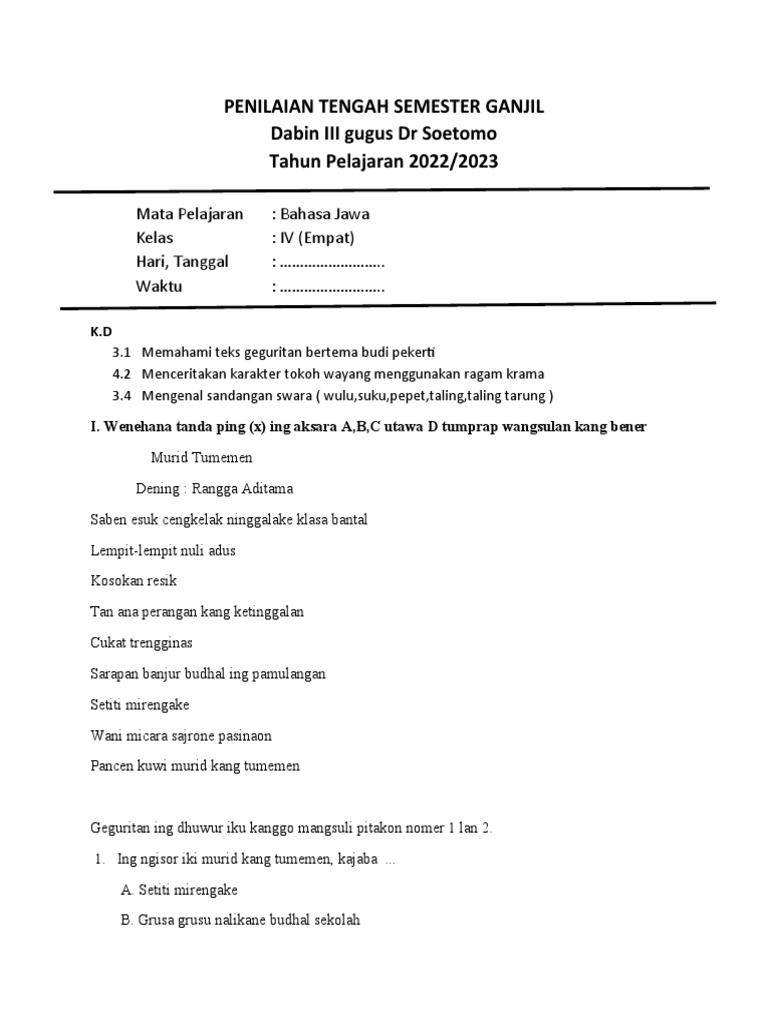 Soal Basa Jawa PTS Ganjil | PDF
