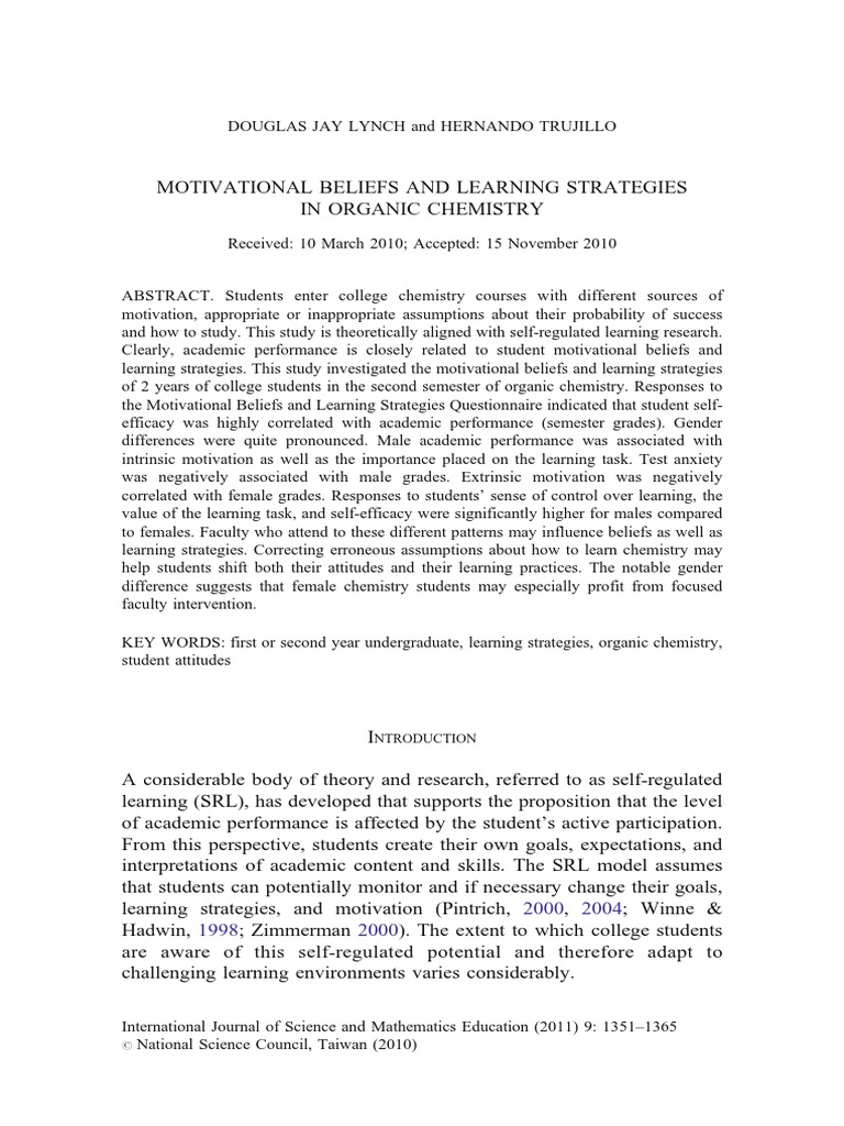 Motivational Beliefs, Learning Strategies, and Academic Performance in Organic Chemistry ...