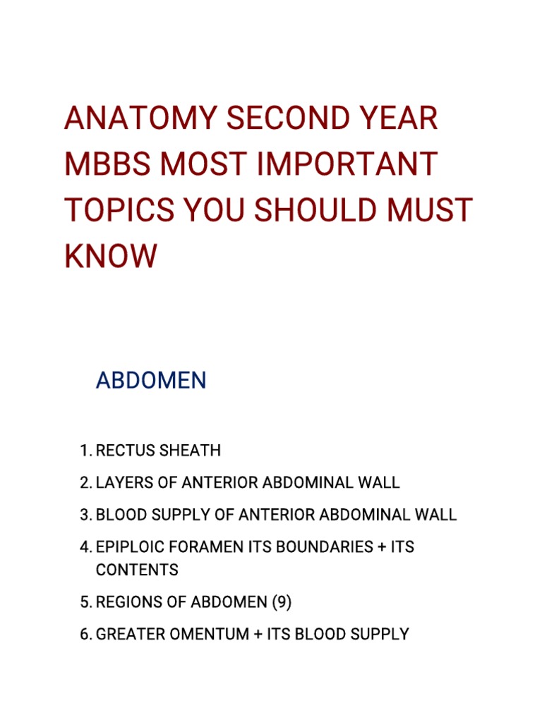 Key Anatomy Topics for 2nd Year MBBS | PDF
