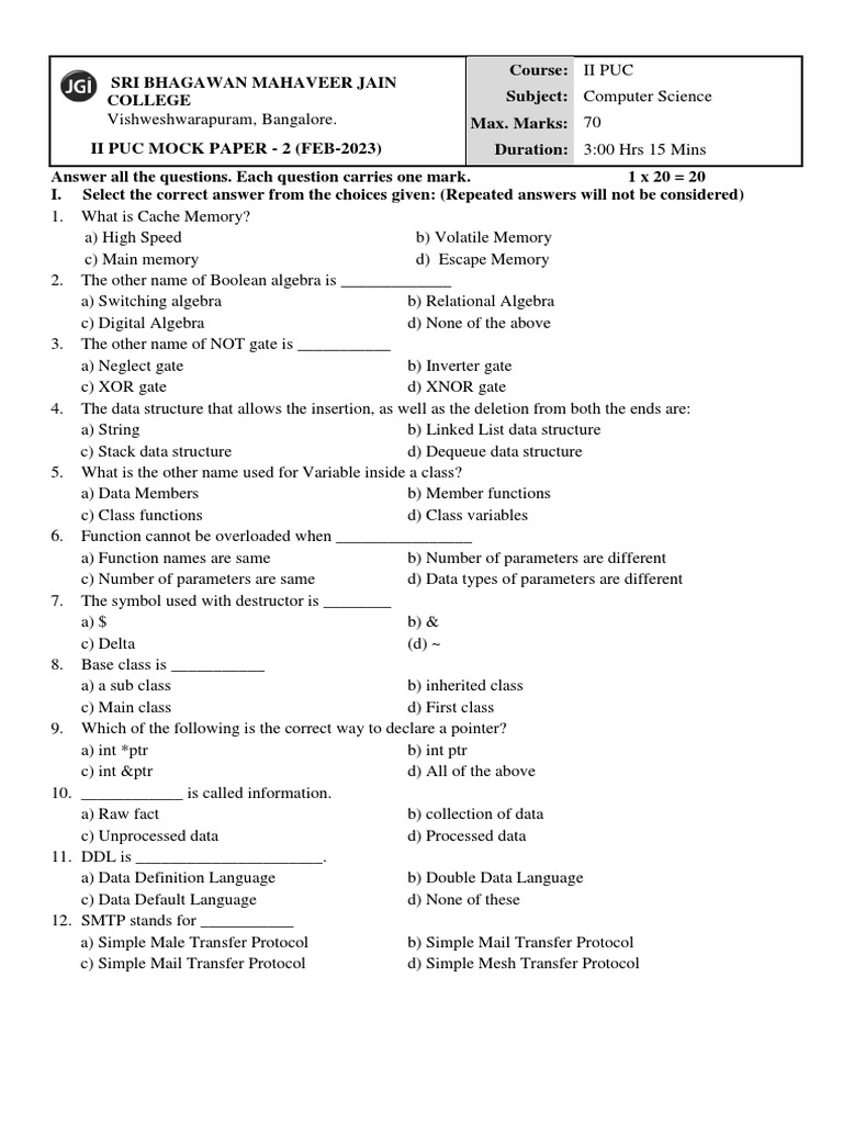 II Puc Computers Science Mock Paper 2 | PDF | Programming | Constructor (Object Oriented ...