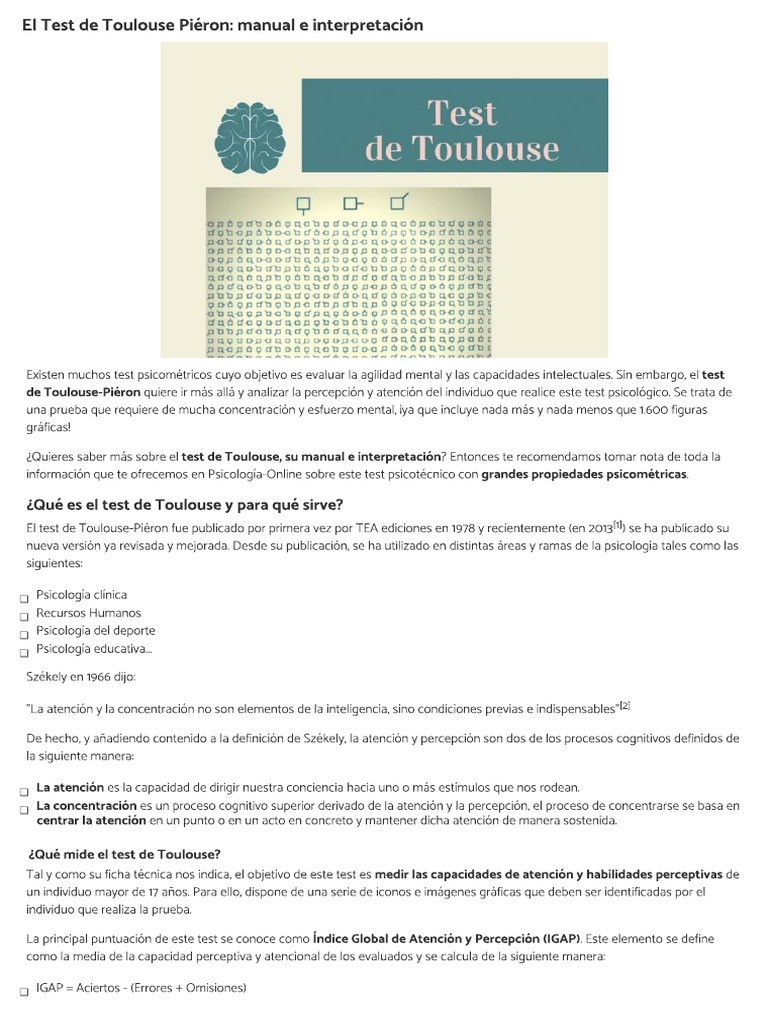 El Test de Toulouse Piéron - Manual e Interpretación | PDF