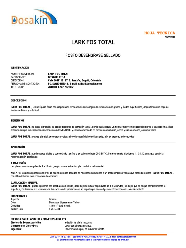 Lark Fos Total H.tecnica | Descargar gratis PDF | Agua | Rieles