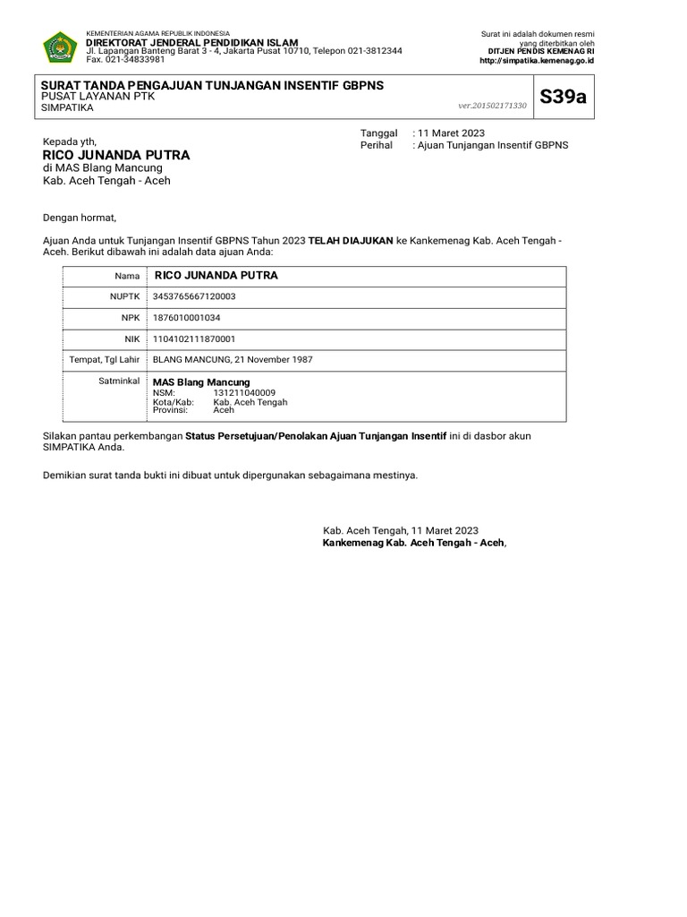 Contoh Ajuan S39a | PDF