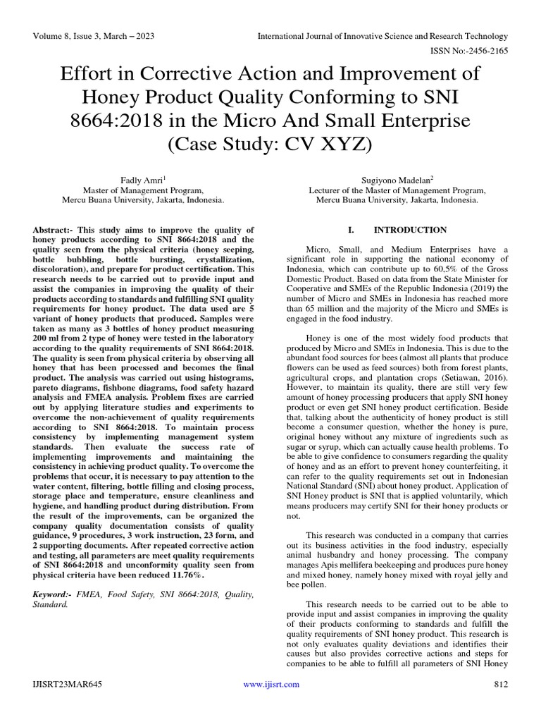 Effort in Corrective Action and Improvement of Honey Product Quality ...