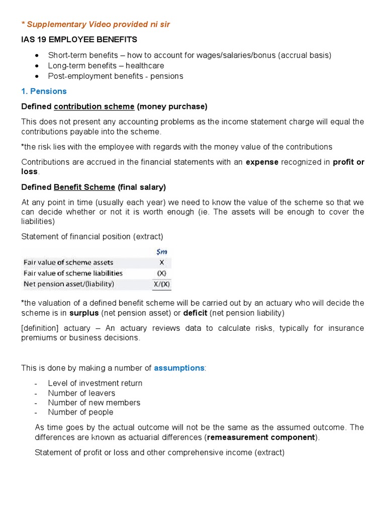 Notes IAS 19 EMPLOYEE BENEFITS PDF Pension Defined Benefit