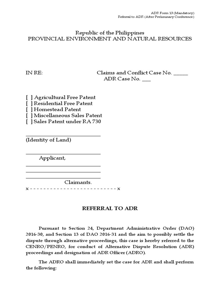 ADR Form No. 13 - Referral To ADR (After Preliminary Conference - Final ...