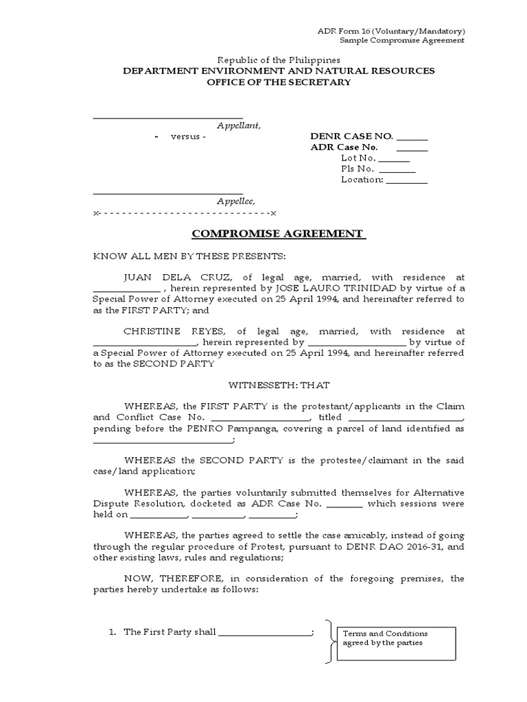 ADR Form No. 16 - Compromise Agreement - Final | PDF | Alternative ...