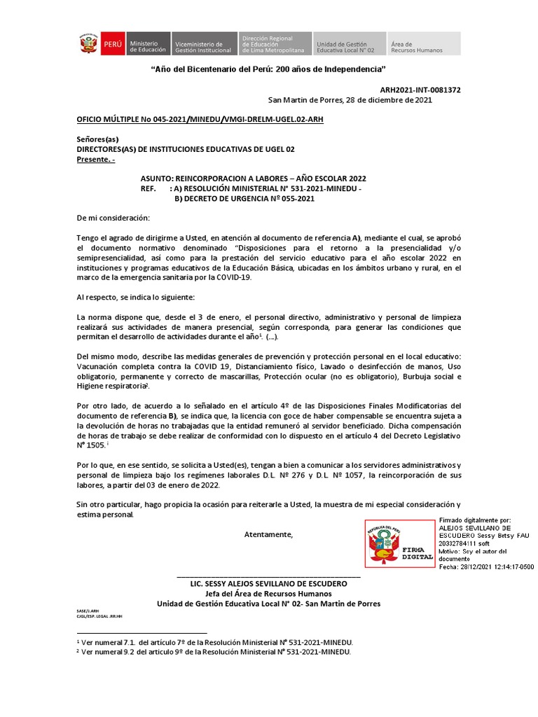 OFICIO MULTIPLE 045-2021-Reincorporación Labores | PDF | Gestión de ...