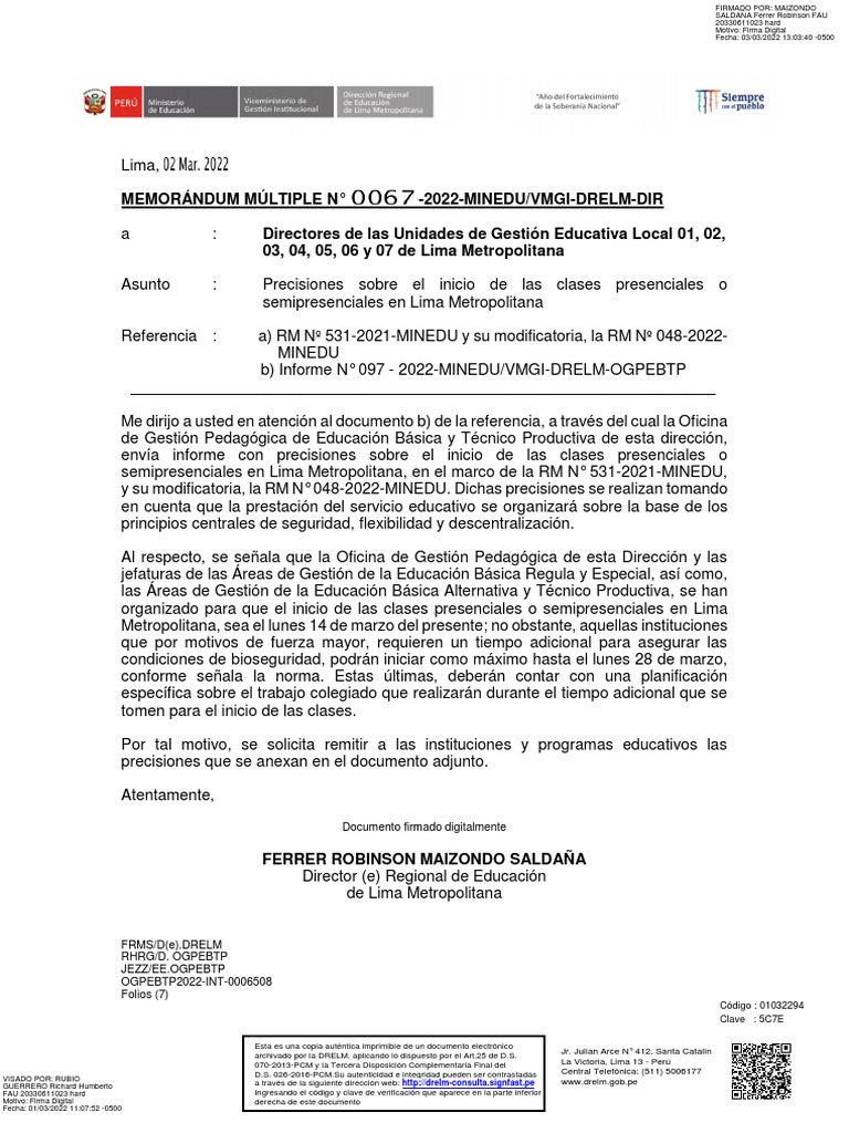 MM #0067-2022 A Las 07 Ugel | PDF | Evaluación | Lima