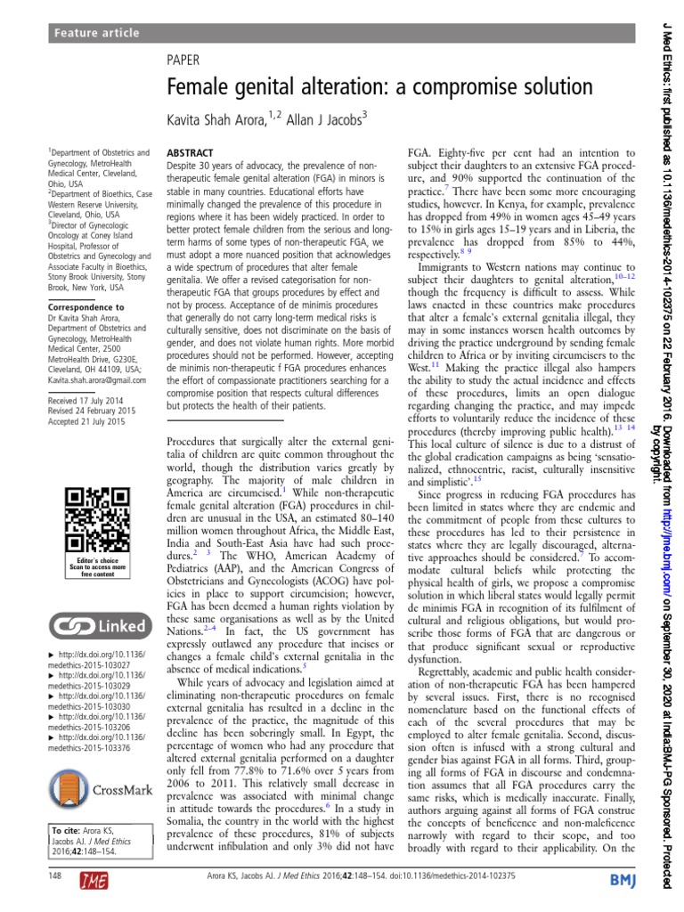 Kavita Arora and Allan Jacobs Female Genital Alteration A Compromise Solution | PDF ...