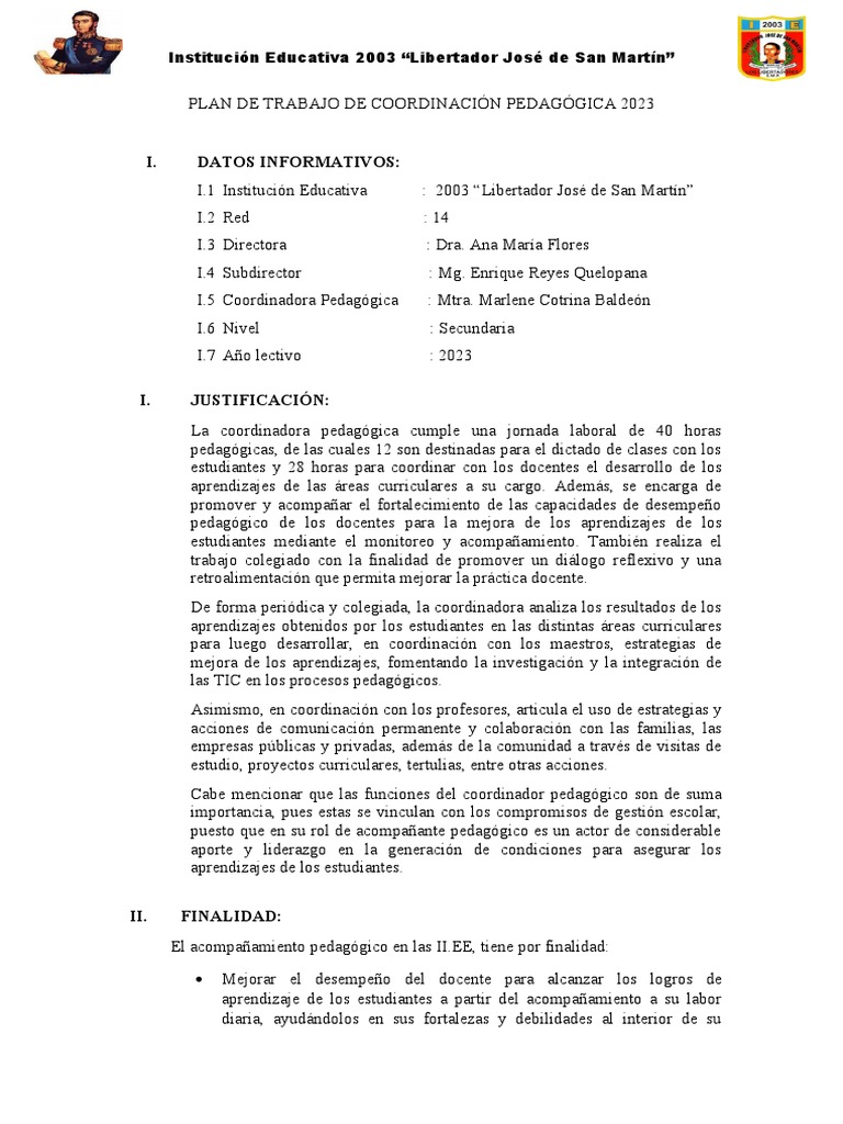 Plan de Trabajo de Coordinación Pedagógica 2023-Ie. 2003 | PDF ...