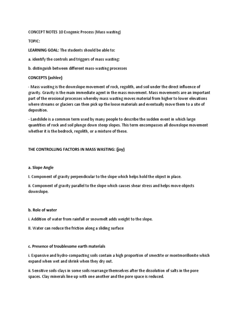 CONCEPT NOTES 10 Exogenic Process | PDF | Landslide | Erosion