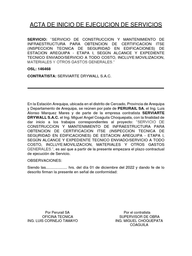 Acta de Inicio de Ejecucion de Servicios | PDF