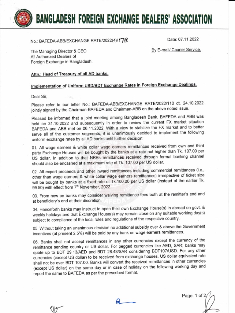 BAFEDA Circular On USD Exchange Rate PDF Banks United States Dollar