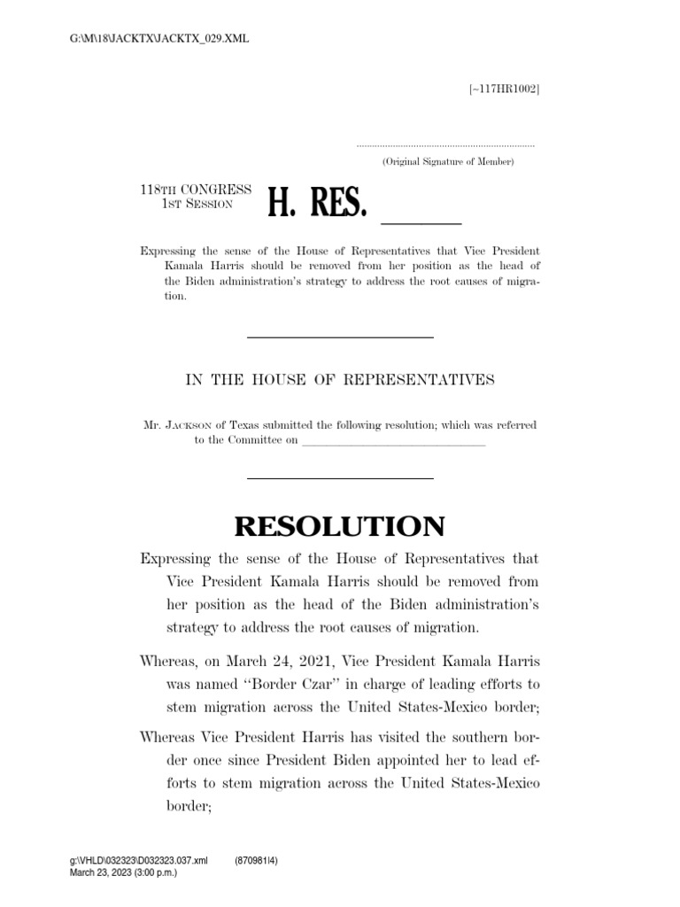 (DAILY CALLER OBTAINED) - 03 23 23 Res To Remove VP Harris As Border ...