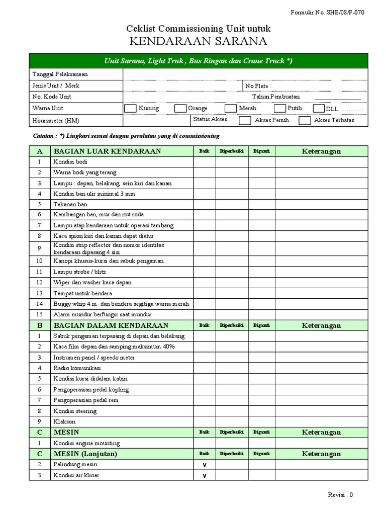 SHE 08 F070 R0 Form Commissioning Unit Untuk Kendaraan Sarana | PDF