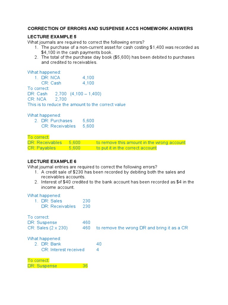 Correction of Errors and Suspsense Acs Homewok Answers | PDF | Debits And Credits | Money