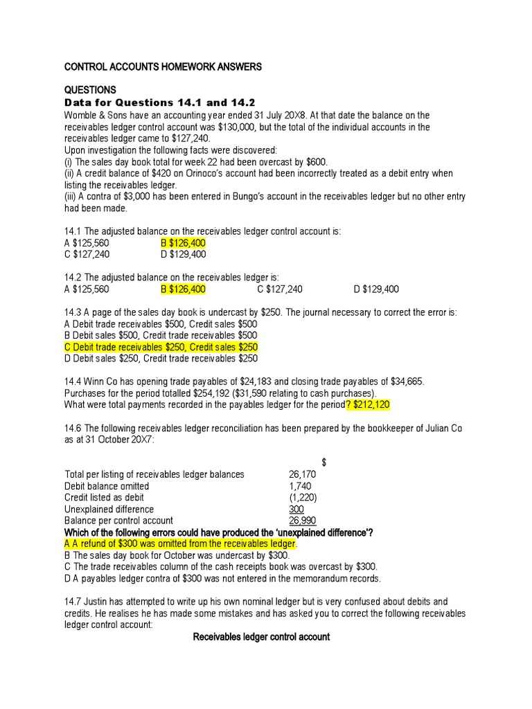 Control Accounts Homework Answers | PDF | Debits And Credits | Bookkeeping