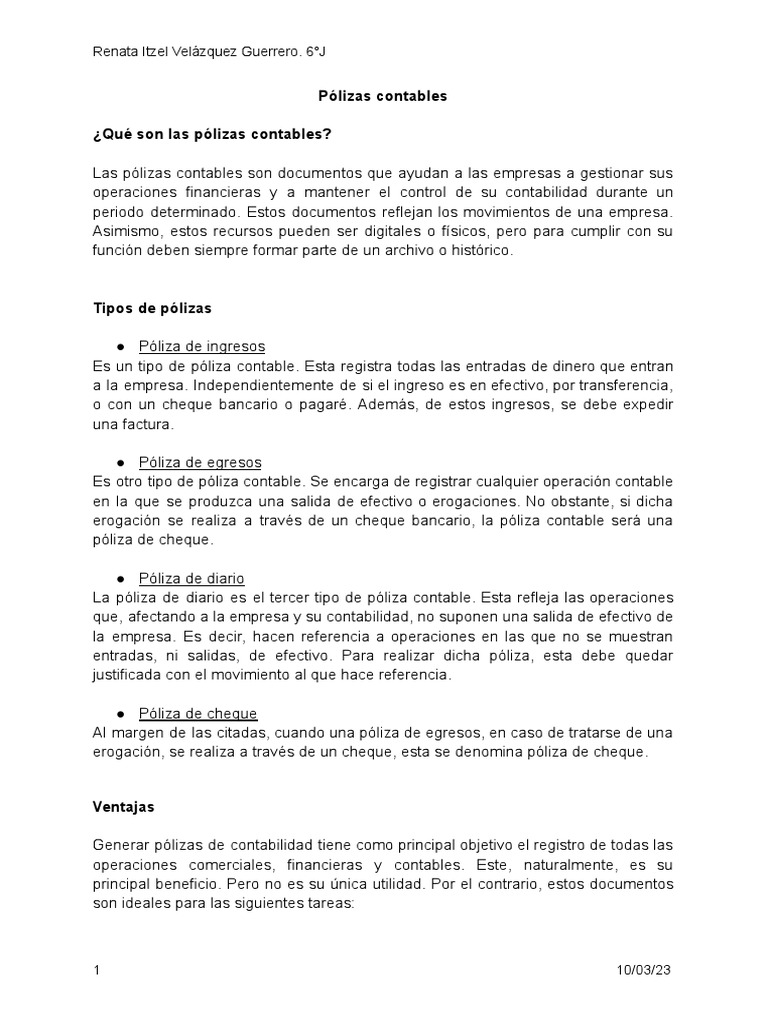 Tipos y Ventajas de Pólizas Contables | PDF | Contabilidad | Cheque
