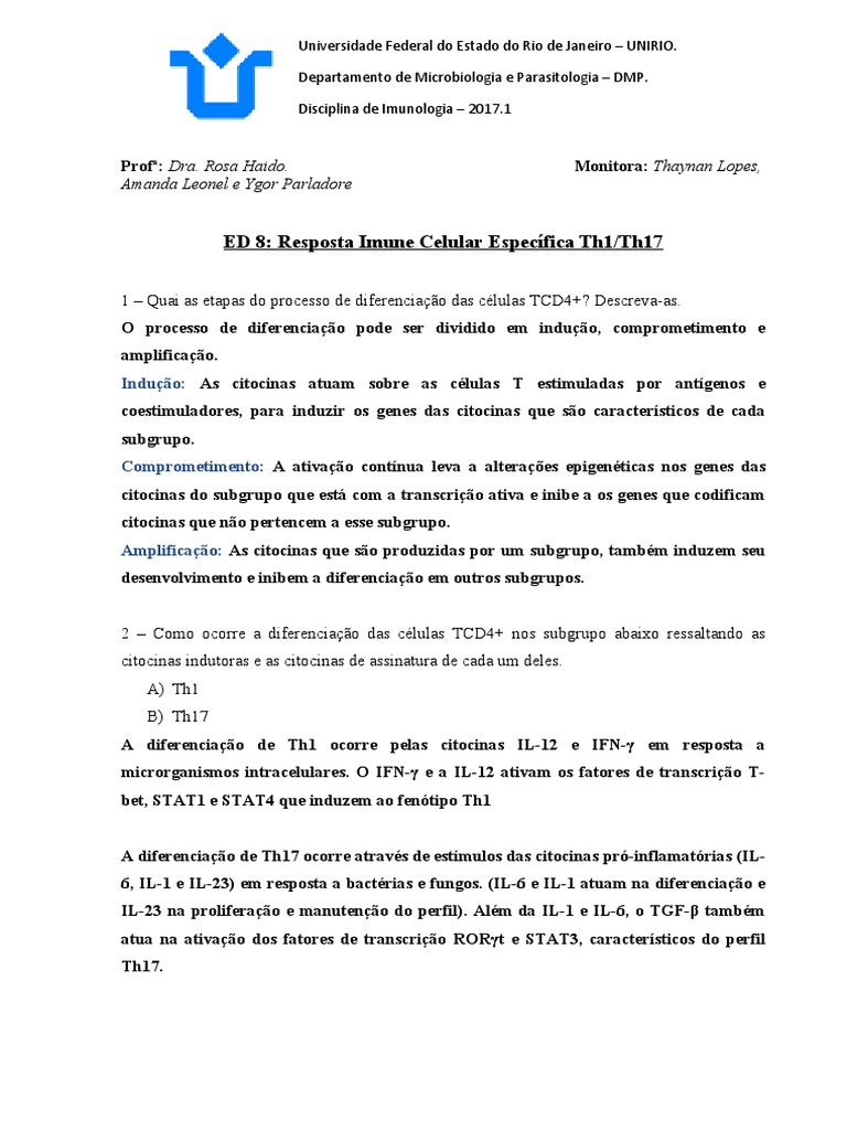 ED8 Padrão de Respostas | PDF | Citocina | Interleucina 12