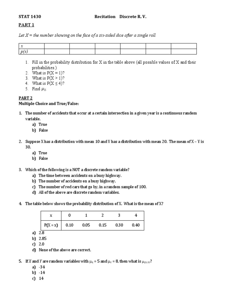 Rec 8A - Discrete Random Variables ALL | PDF | Variance | Probability Distribution