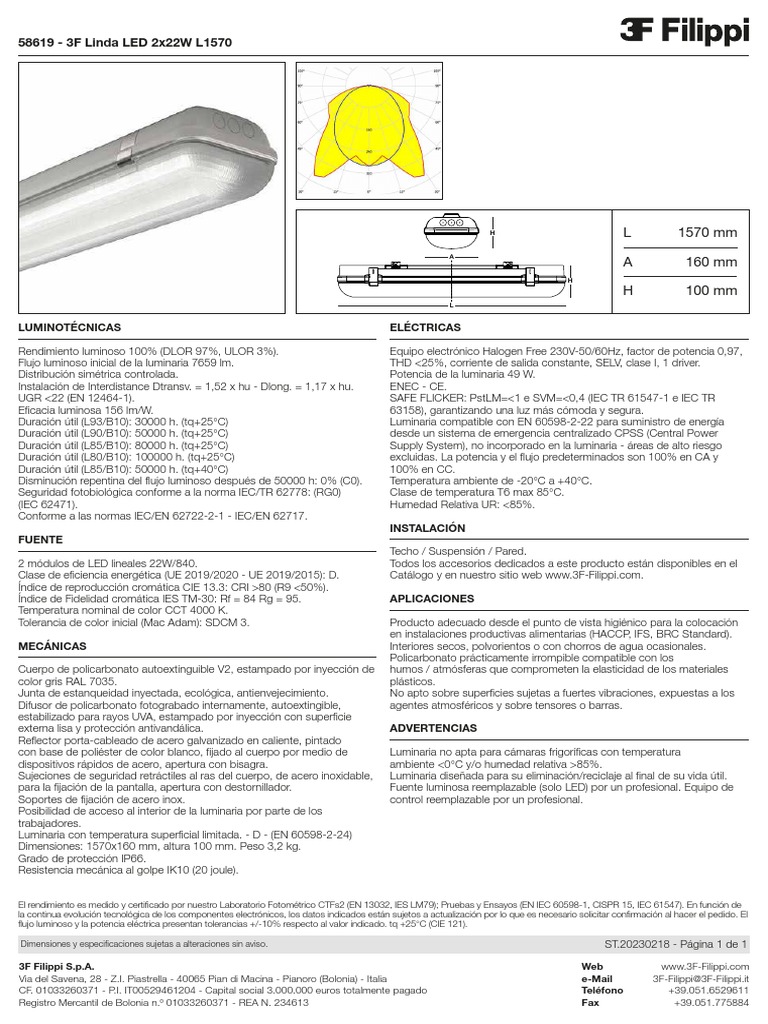 Especificaciones técnicas completas de una luminaria LED de techo de 2x22W con difusor de ...