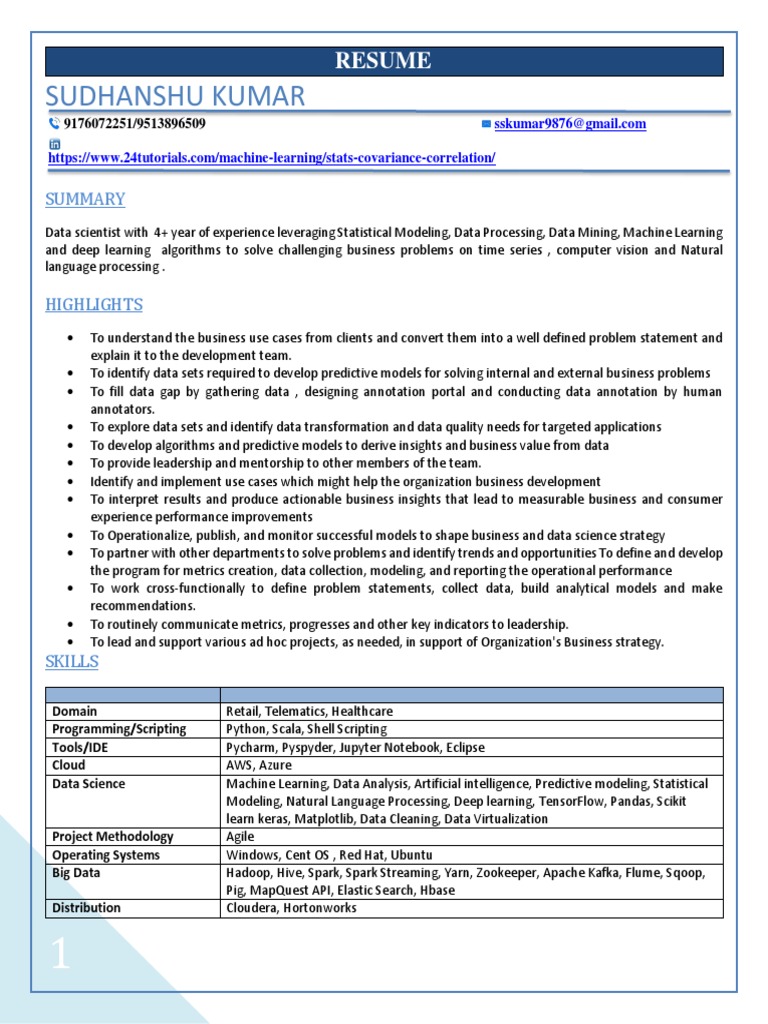 Sudhanshu Kumar: Resume | Download Free PDF | Apache Spark | Machine Learning