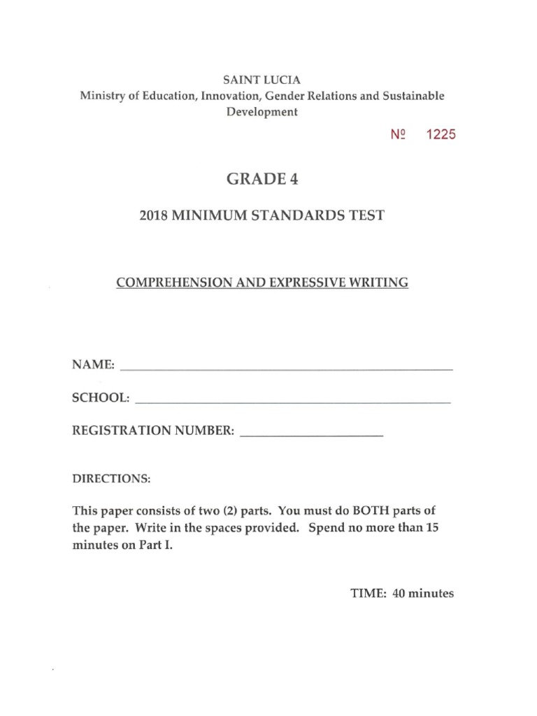 2018 Grade 4 Minimum Standards Comprehension and Expressive Writing | PDF