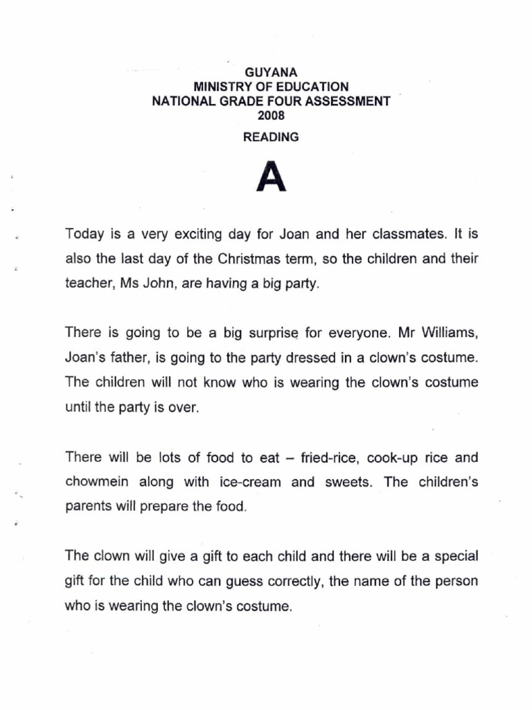 National Grade 4 Assessment - 2008 - Reading A B C D | PDF