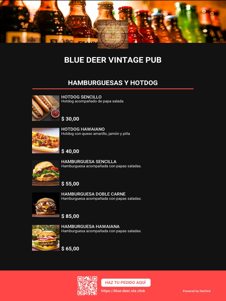 Menú del Pub Blue Deer con una amplia variedad de comidas y bebidas ...