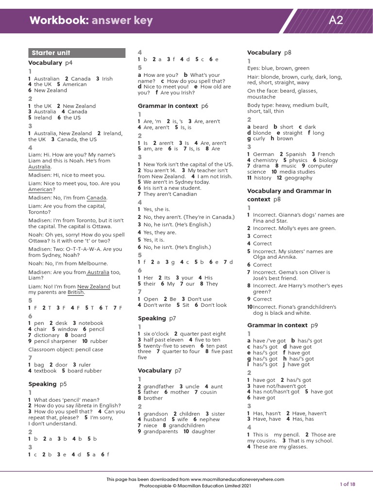 A2 Workbook Answer Key PDF | PDF